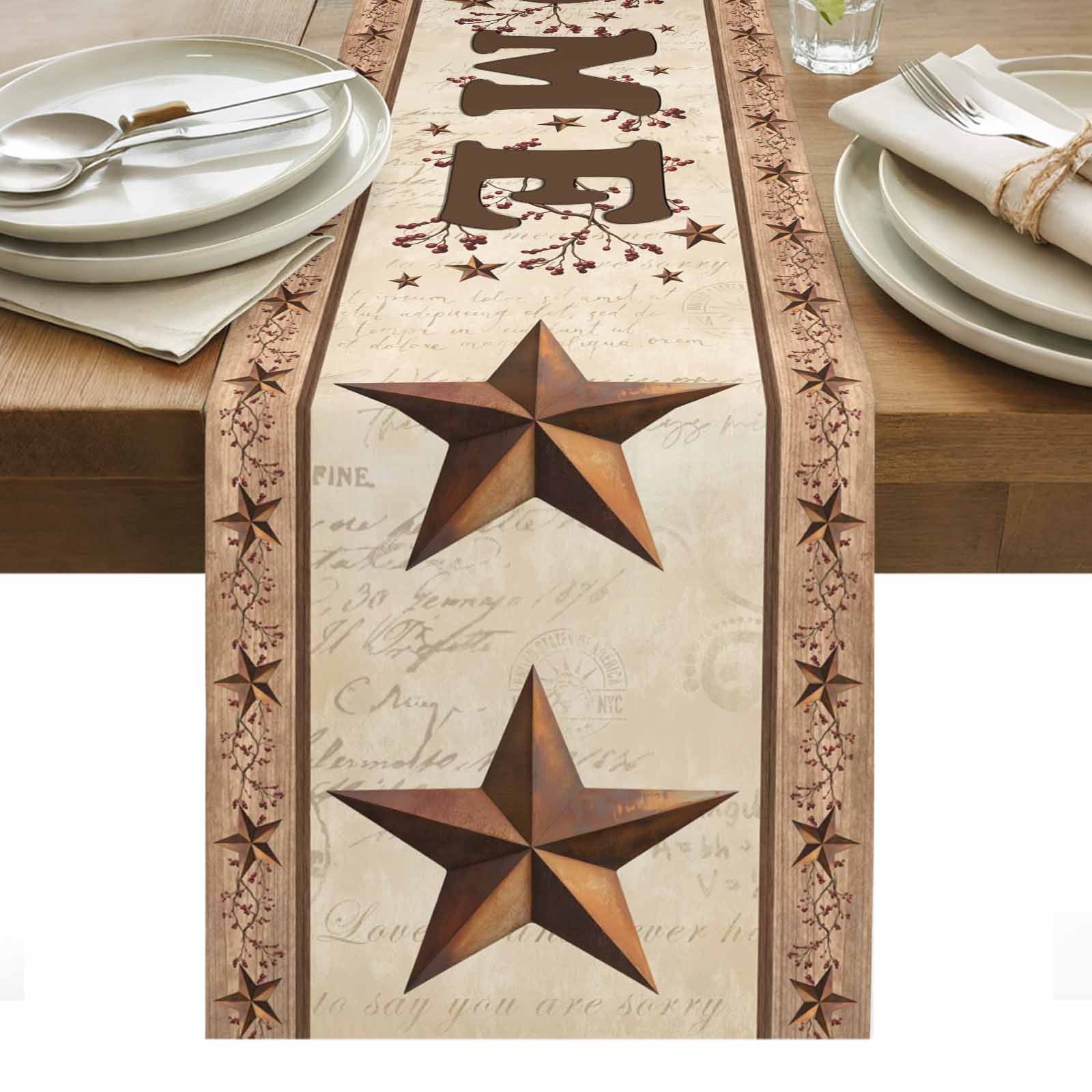 Vintage Country Star Cotton Linen Table Runner Retro Home Berry Brown ...