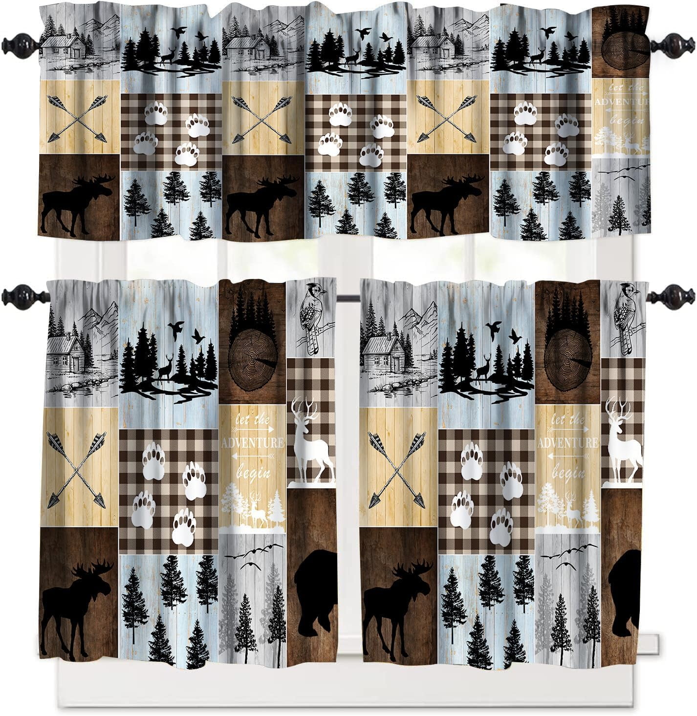 Vintage Country Style Bear Deer Window Valance 3 Piece Set,Forest Tree ...