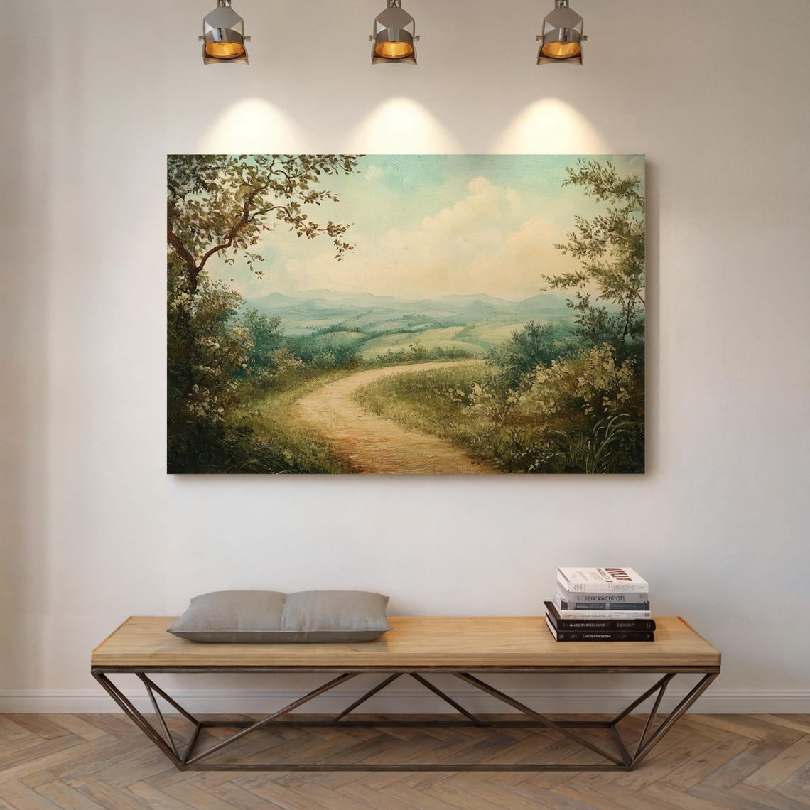 Vintage Countryside Landscape Oil Painting, Rolling Hills, Rustic ...