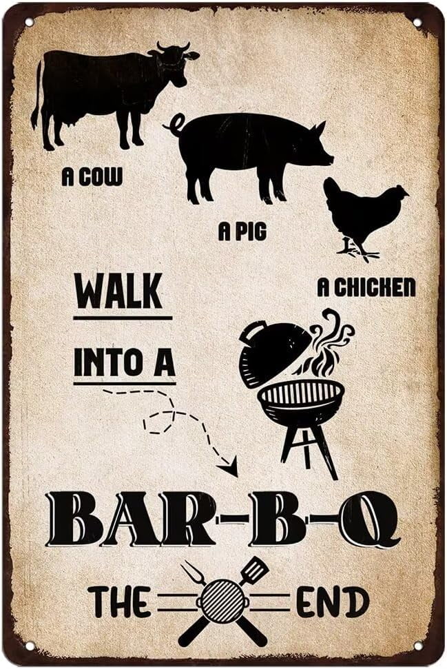 Vintage A Cow A Pig A Chicken Walk Into a BBQ The End Metal Tin Sign ...