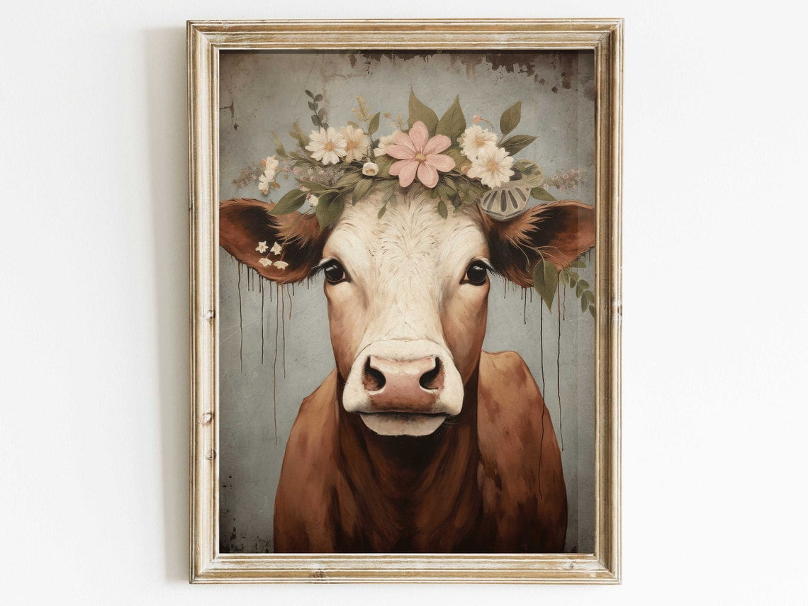 Vintage Cow Portrait, Cow Wall Art, Rustic Farmhouse Decor, Country Style Home Decor, Farm ...