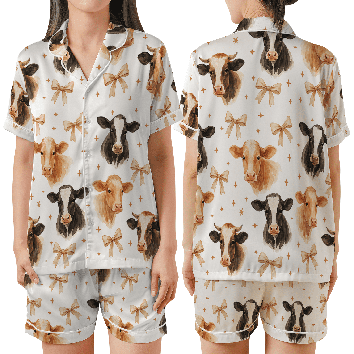 Vintage Cow Print Satin Pajamas Set, Cute Farmhouse Bow Sleepwear, Cow ...