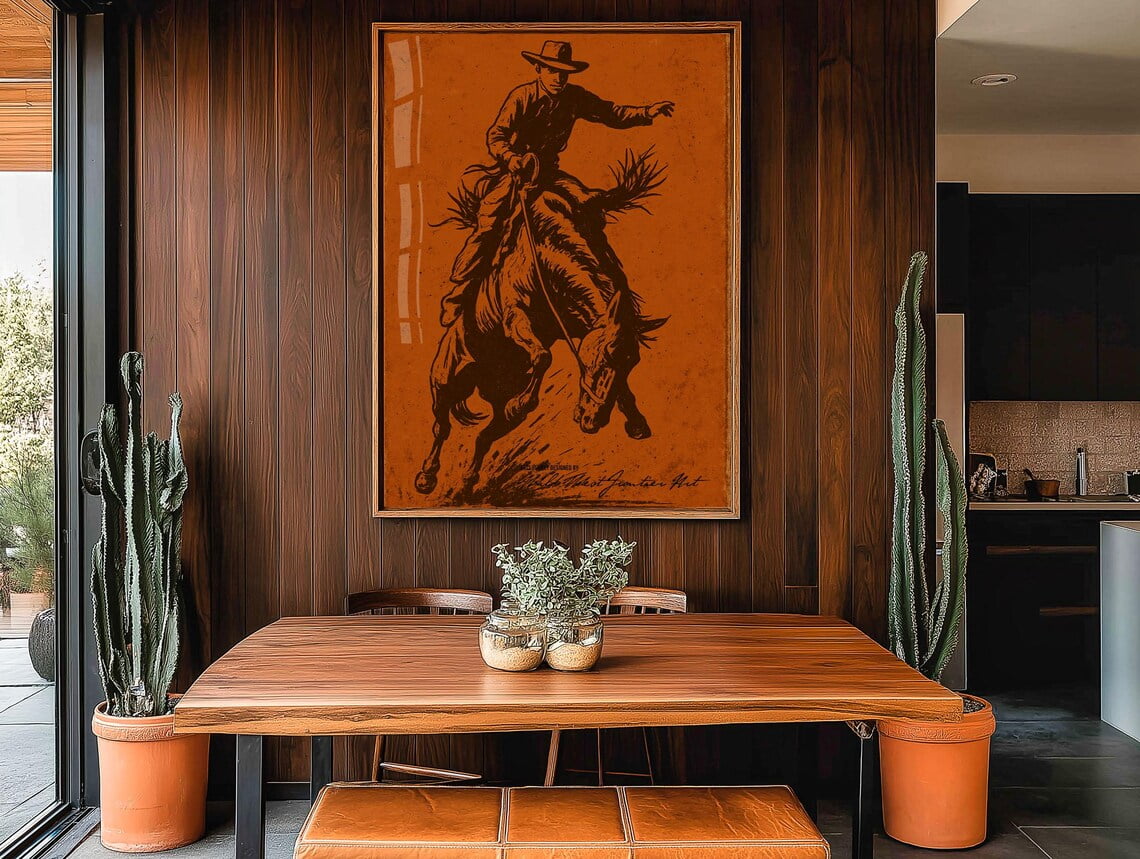 Vintage Cowboy Bronco Rider Western Ink Art Print On Rust Orange ...