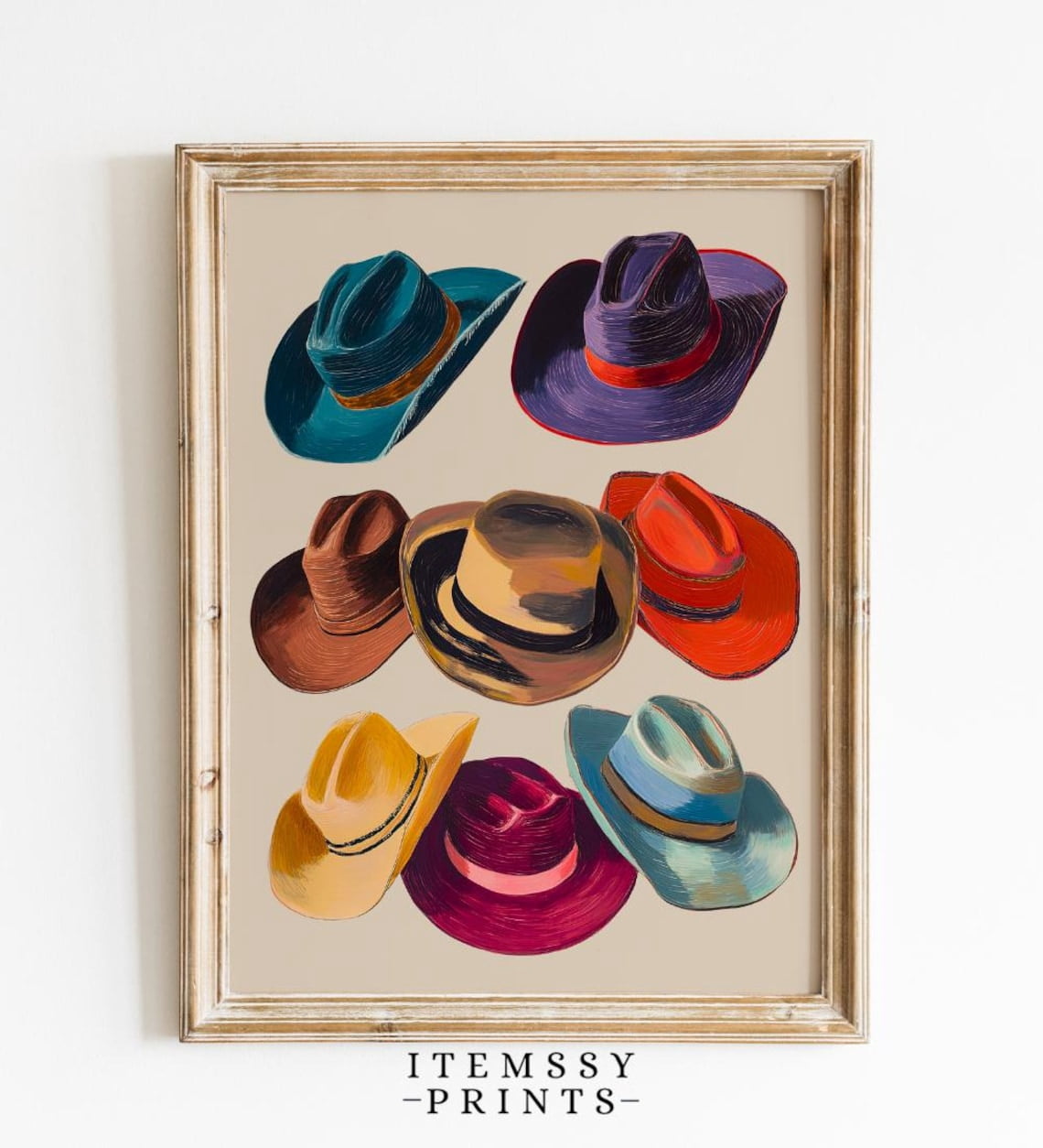 Vintage Cowboy Hats Art Poster, Cozy Mid Century Modern Western, Trendy ...