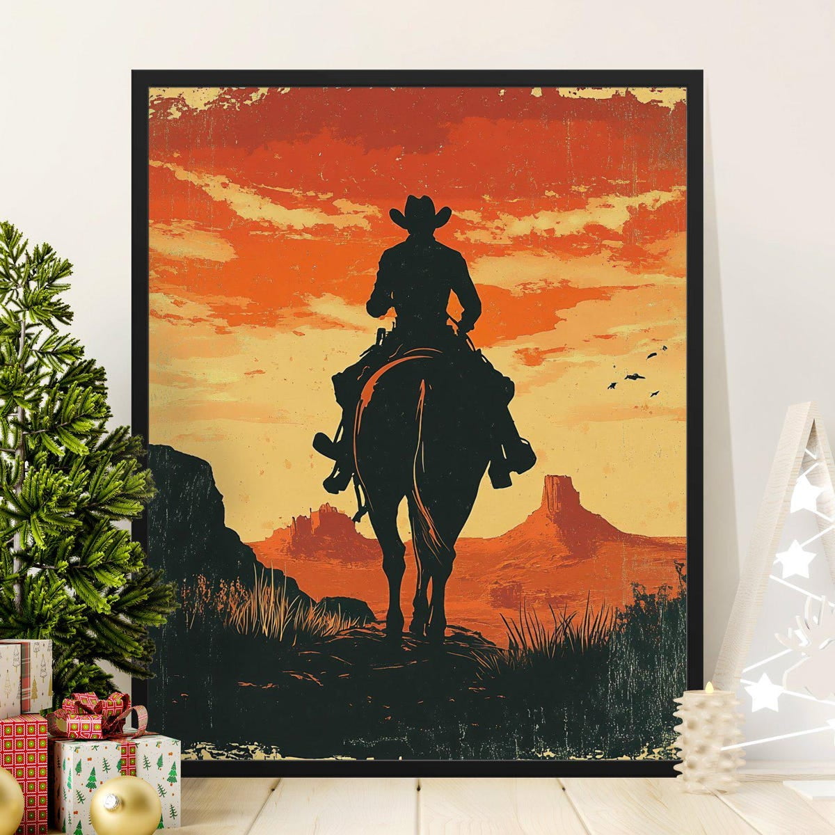 Vintage Cowboy Poster, Western Art Print, Retro Cowboy Riding Horse, Sunset Wall Decor, Rustic ...