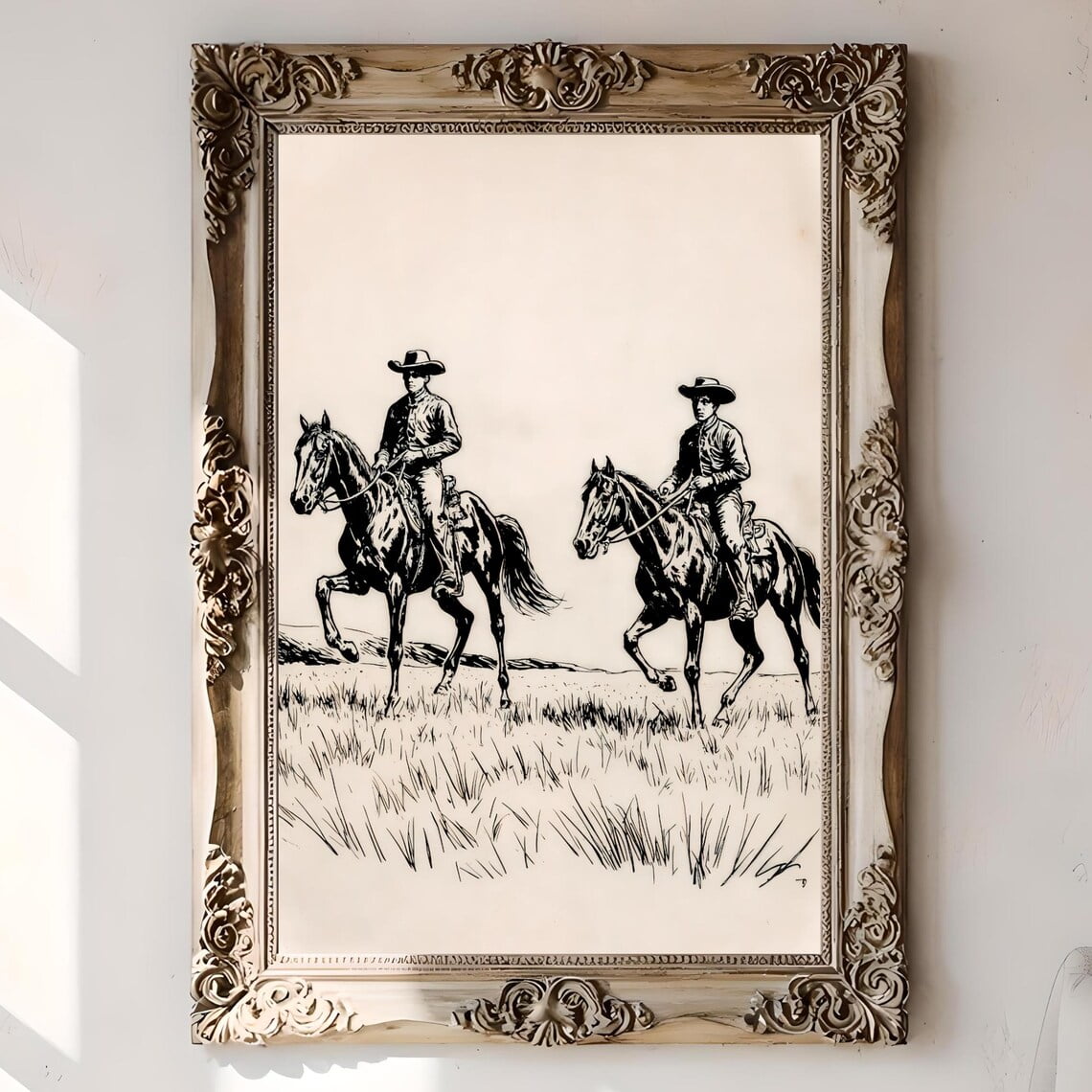 Vintage Cowboy Sketch Poster, Rustic Western Ink Art, Two Horse Riders ...