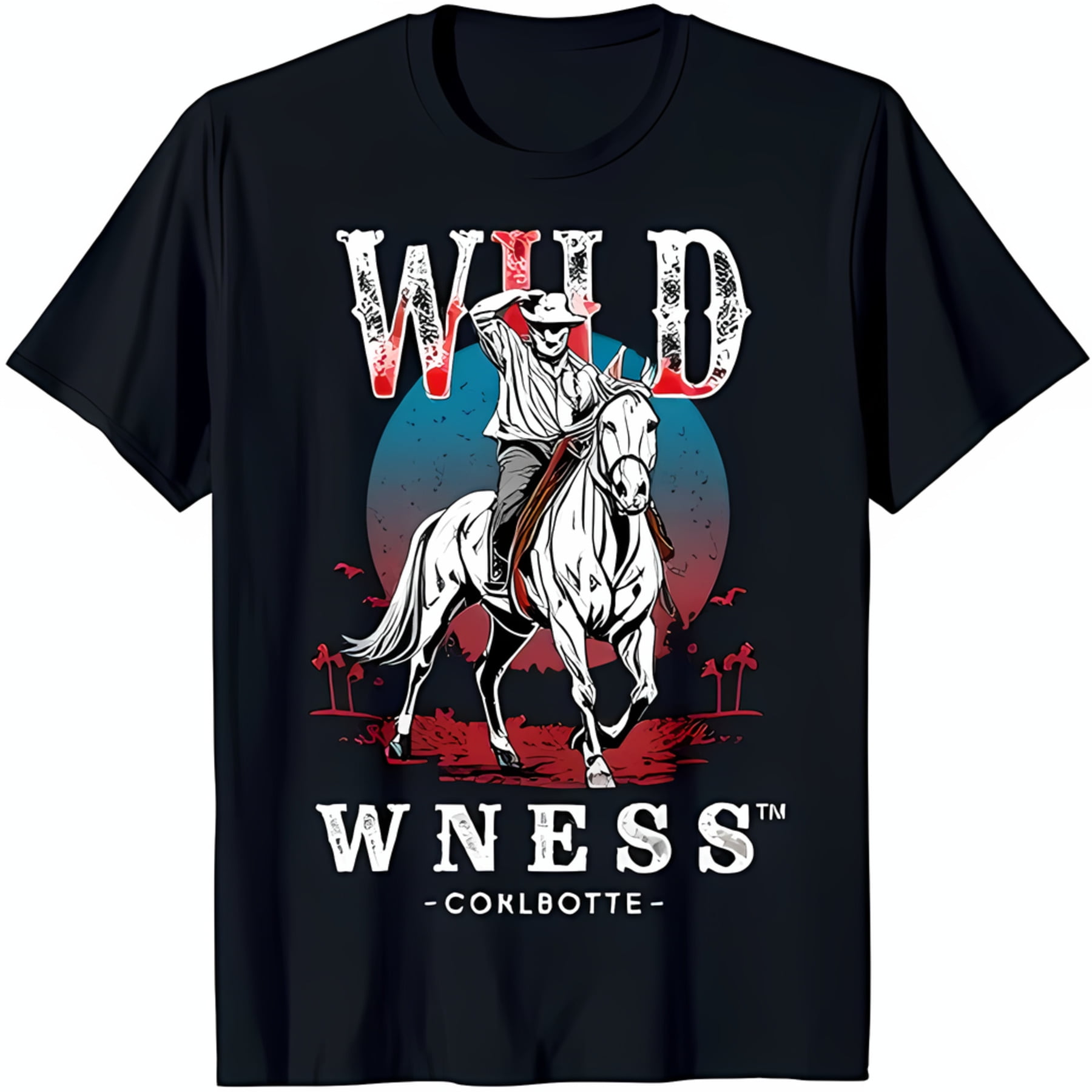 Vintage Cowboy Sunset Graphic Black T-Shirt 'WILD NESS' Design with ...