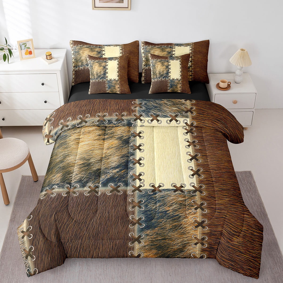 Vintage Cowhide Bed in a Bag Queen Comforter Set 7 Piece,Patchwork Cow Print Bedding Sets ...