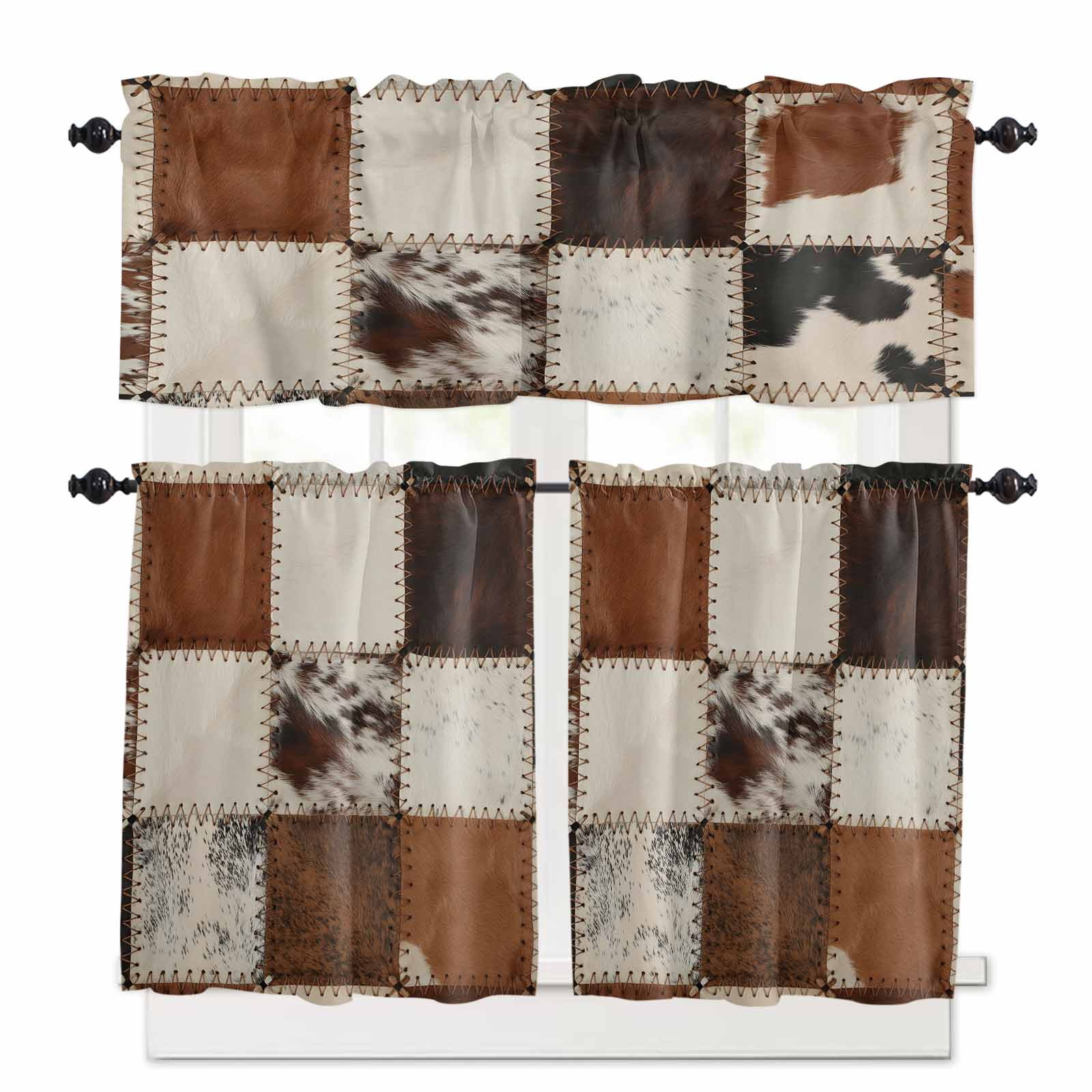 Vintage Cowhide Kitchen Curtains Valance and Tier Set Cow Fur Print ...