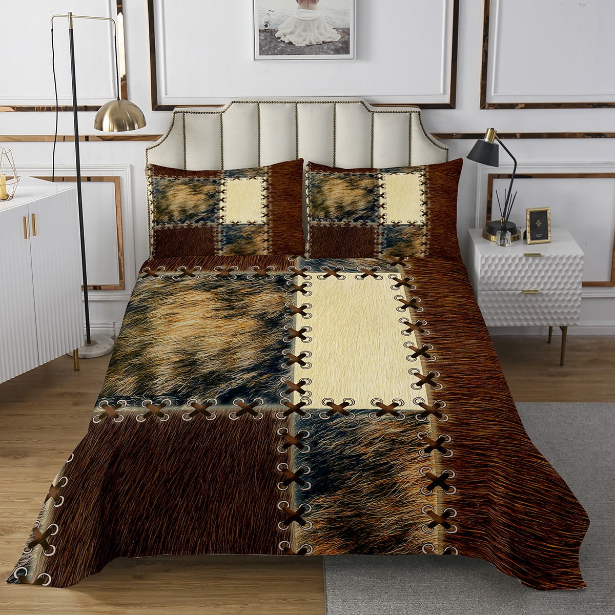 Vintage Cowhide Quilt Set Patchwork Cow Print Bedspread Set Queen ...