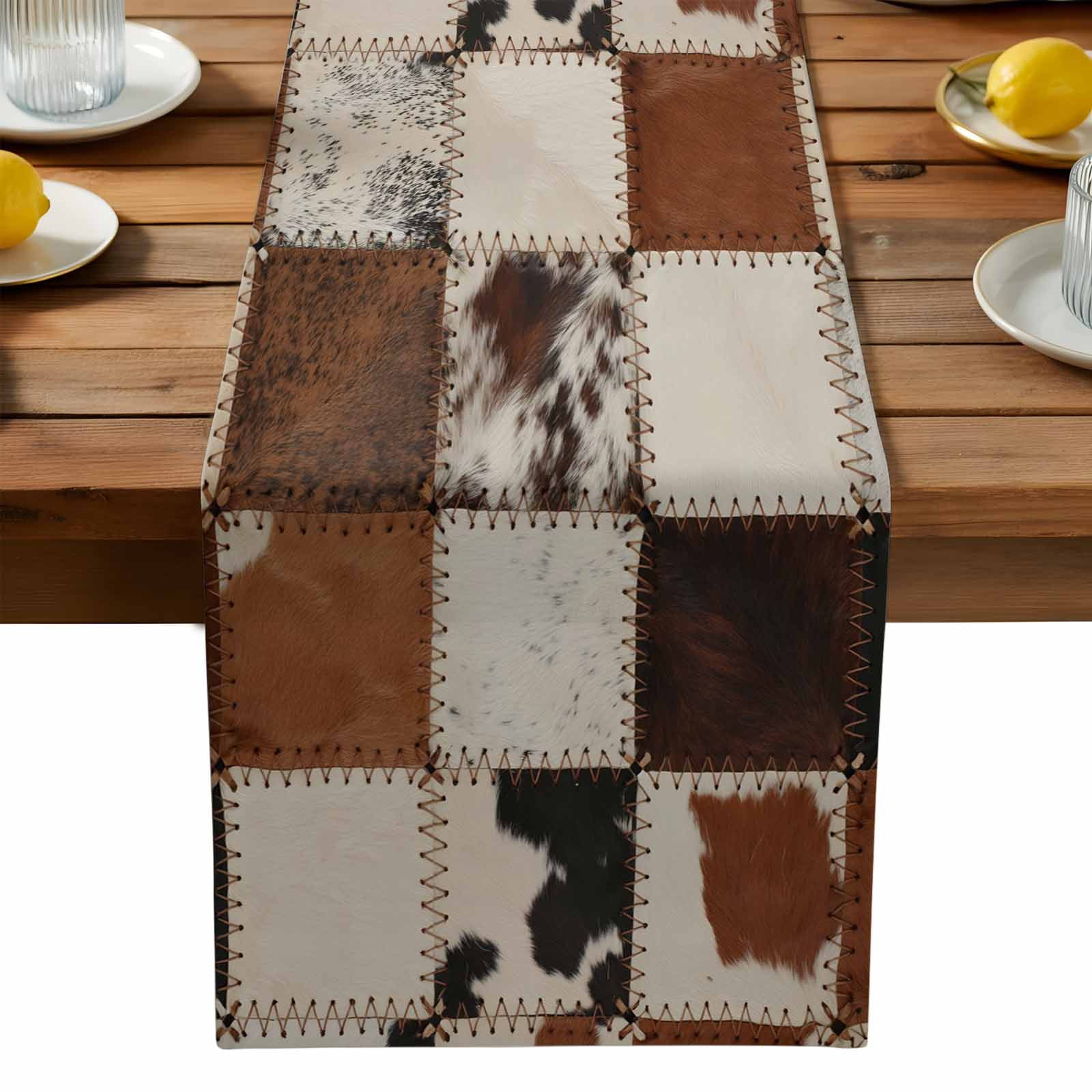 Vintage Cowhide Table Runner, Cow Fur Print Animal Skin Brown Plaid ...
