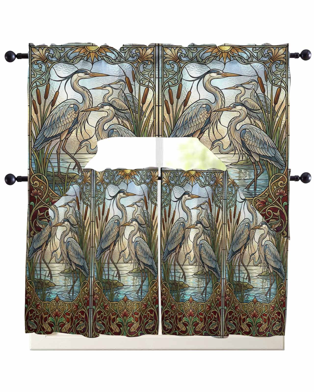 Vintage Cranes Kitchen Curtain and Valance Set 3 Pieces,Rod Pocket ...