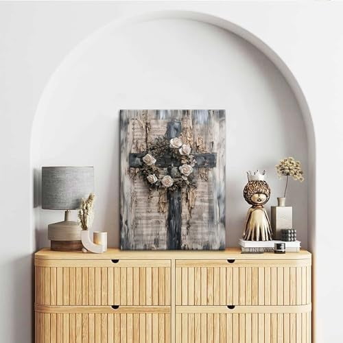 Vintage Cross Christian Wall Art, White Rose Wreath Canvas Paintings ...