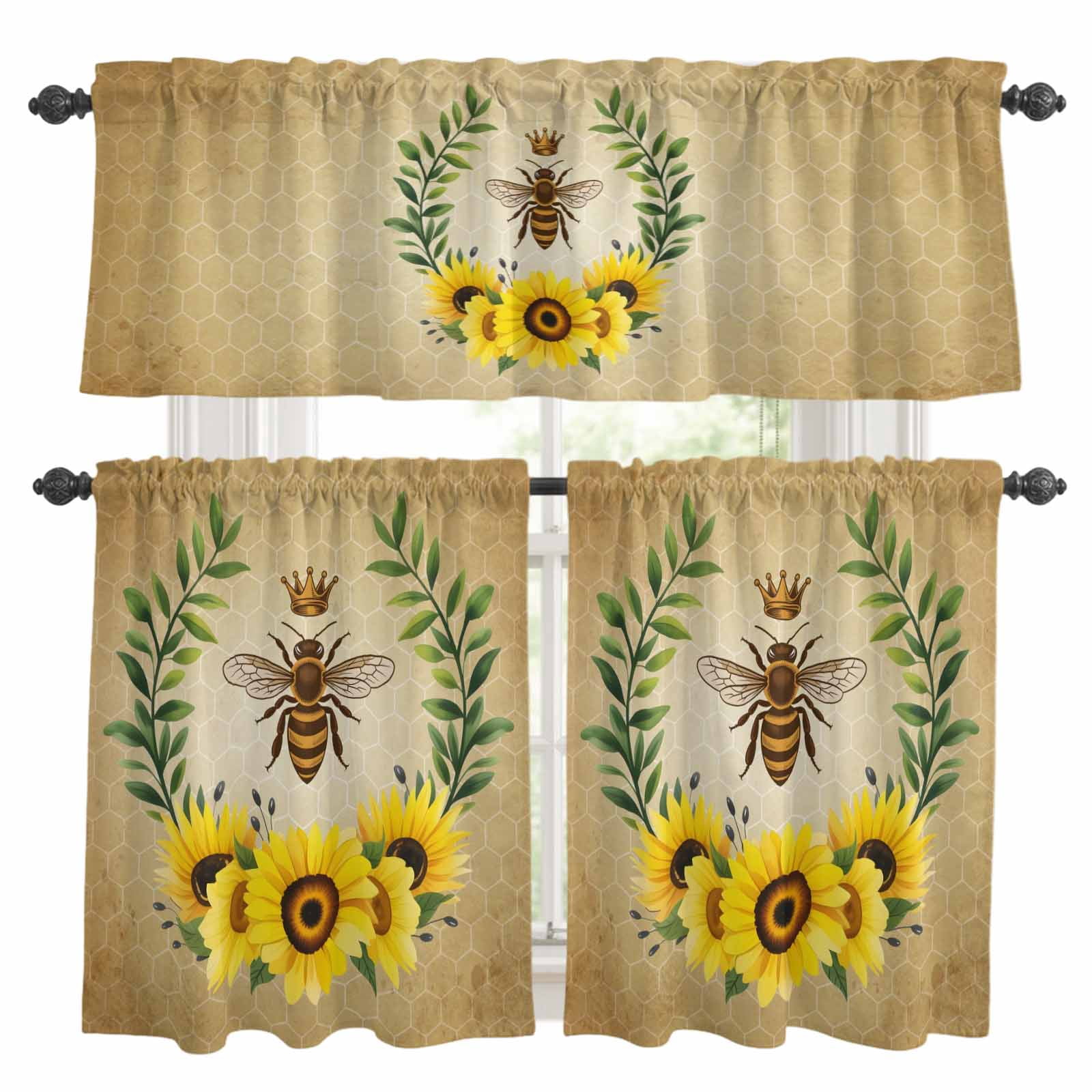 Vintage Crown Bee Window Curtains Valance Set of 3 Country Sunflowers ...