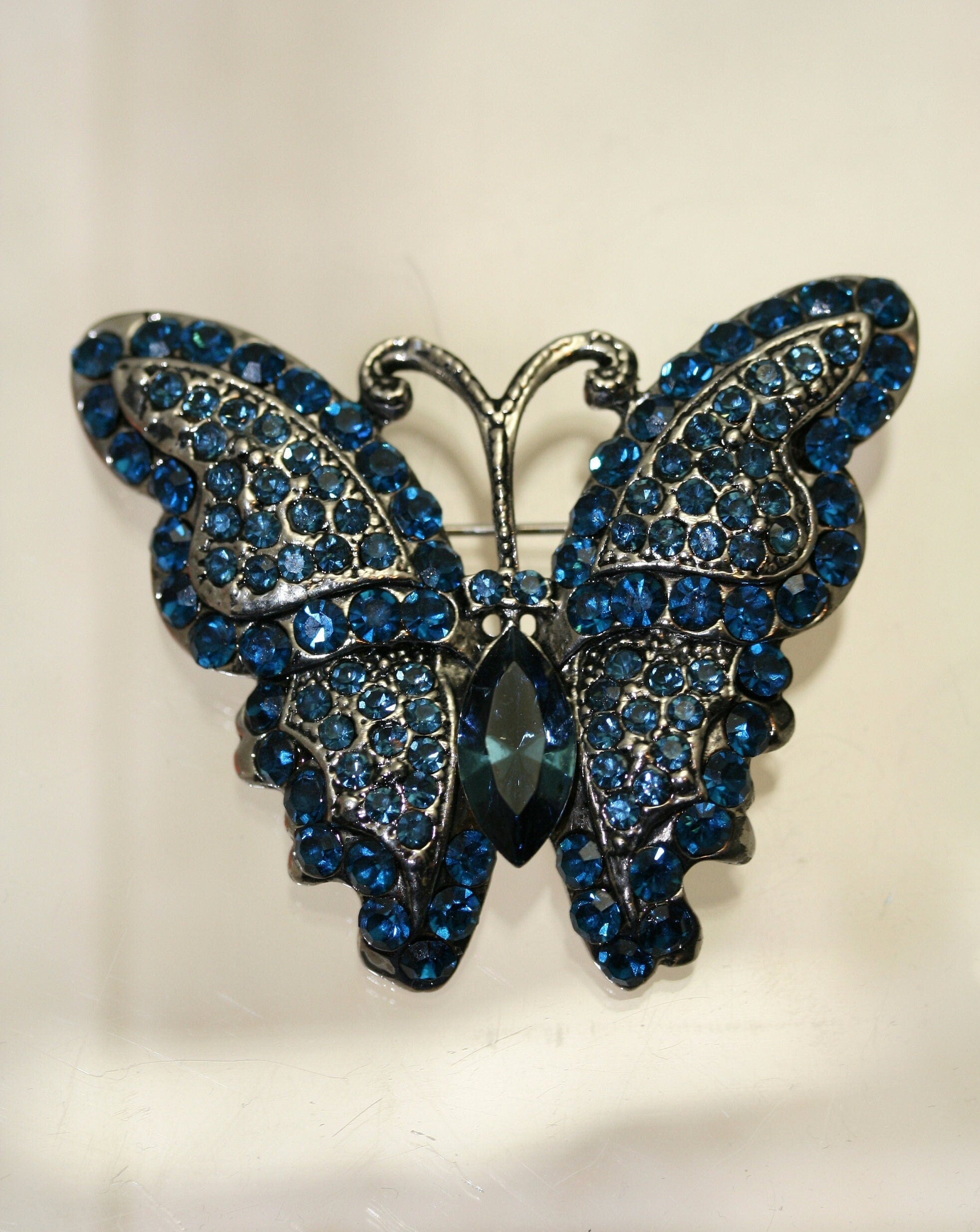 Vintage Crystal Rhinestone Antique Tone Butterfly Brooch Pin, Blue ...