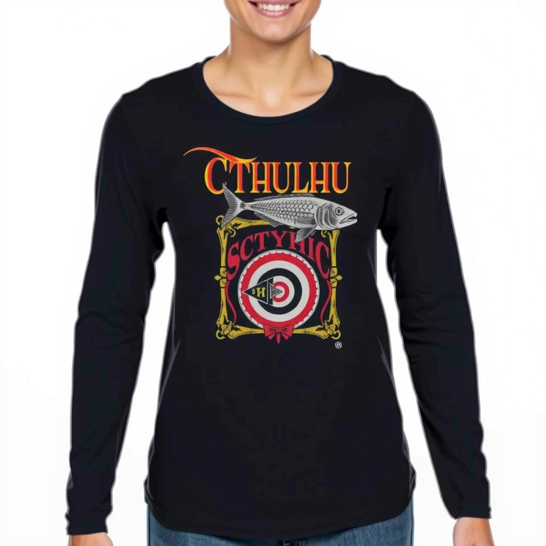 Vintage Cthulhu Long Sleeve T-Shirt - Graphic Design with Fish ...
