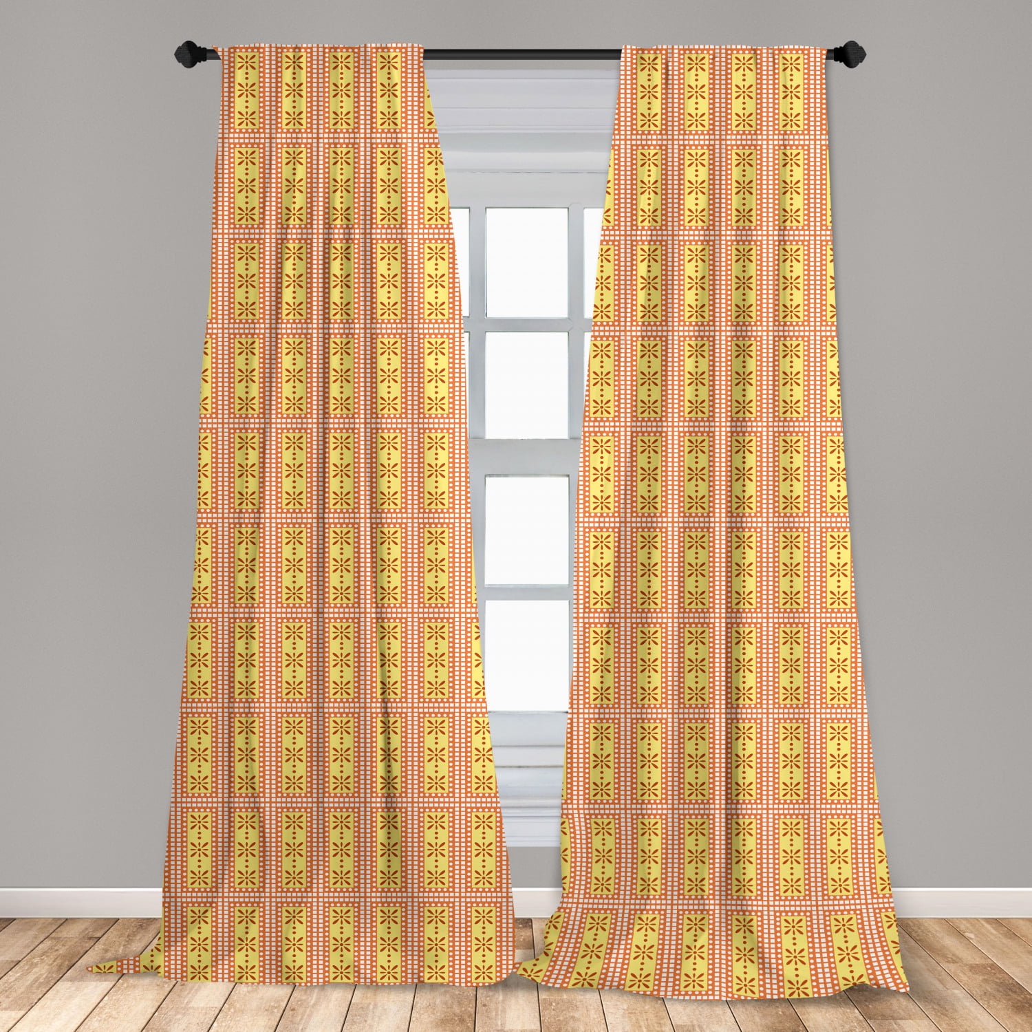 Vintage Curtains 2 Panels Set, Geometric Pattern with Dots and Flowers ...