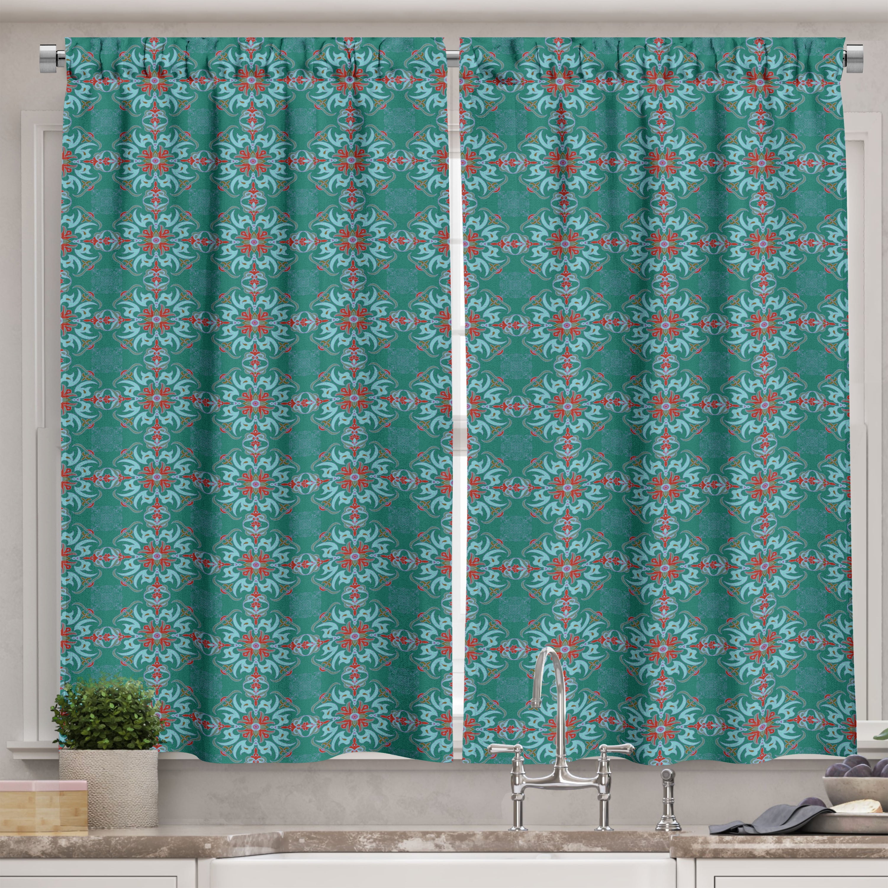 Vintage Curtains 2 Panels Set, Traditional Vibrant Tile Pattern ...