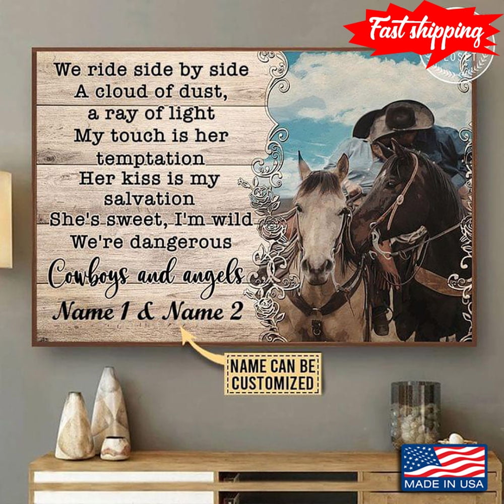 Vintage Customized Name Cowboys And Angels Lyrics Couple Riding Horses ...