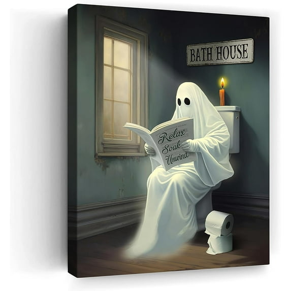 Vintage Cute Ghost On Toliet Reading Books Canvas Wall, Art Funny ...