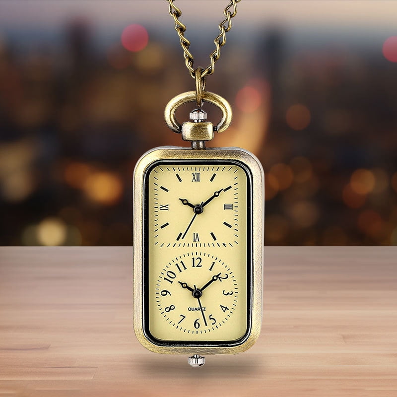 Vintage Cute Rectangle Dual Time Dials Pocket Watch Bronze Copper ...