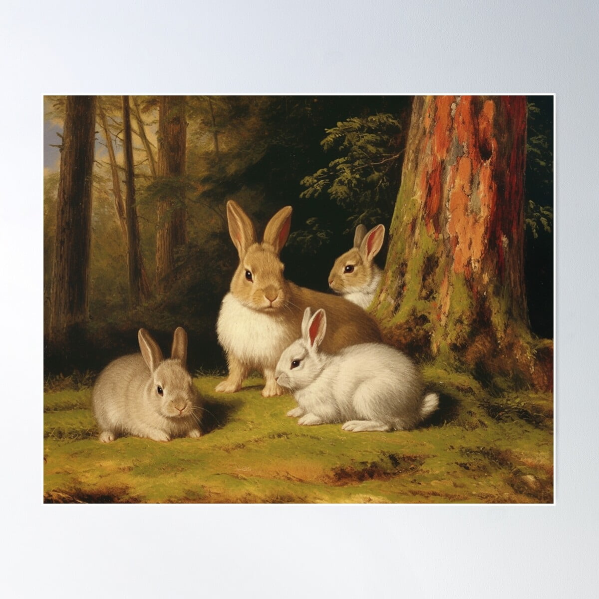 Vintage Cute Woodland Bunnies Rabbits Poster Wall Art, Modern Wall ...