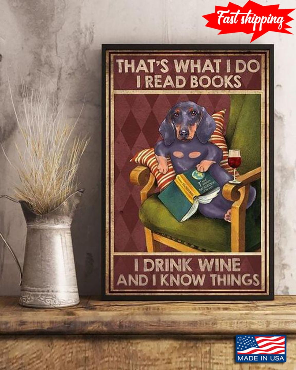 Vintage Dachshund With Book & Red Wine Glass That’s What I Do I Read ...