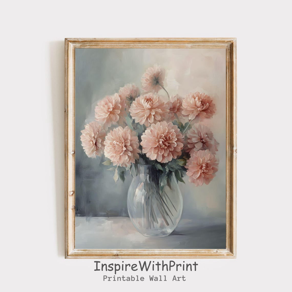 Vintage Dahlia Print, Moody Botanical Printable Pastel Blue and Pink ...