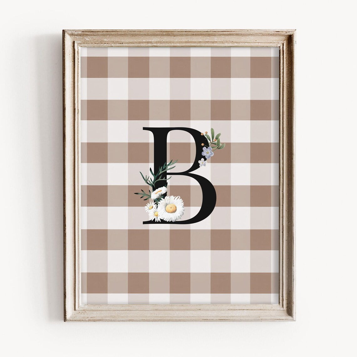 Vintage Daisy Initial Print, Beige Gingham B Letter Art, Rustic ...