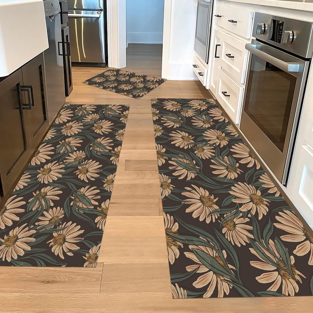 Vintage Daisy Kitchen Rugs Sets of 3,Non Slip Rubber Kitchen Mats for ...