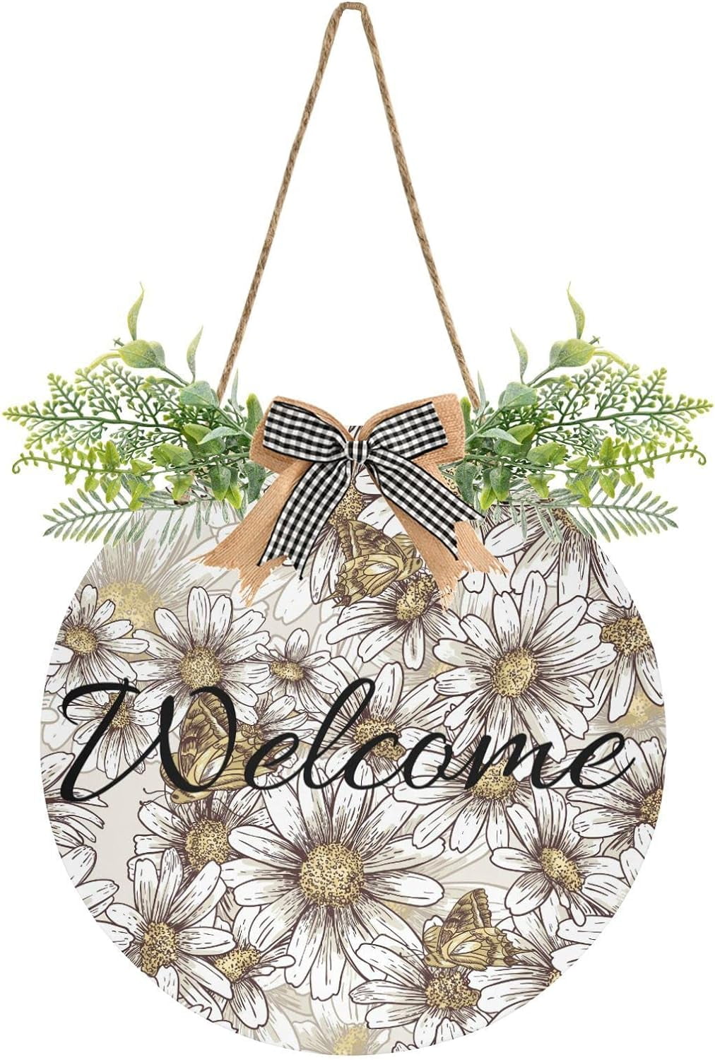 Vintage Daisy Welcome Sign for Front Door, Round Sign Hanging Welcome ...
