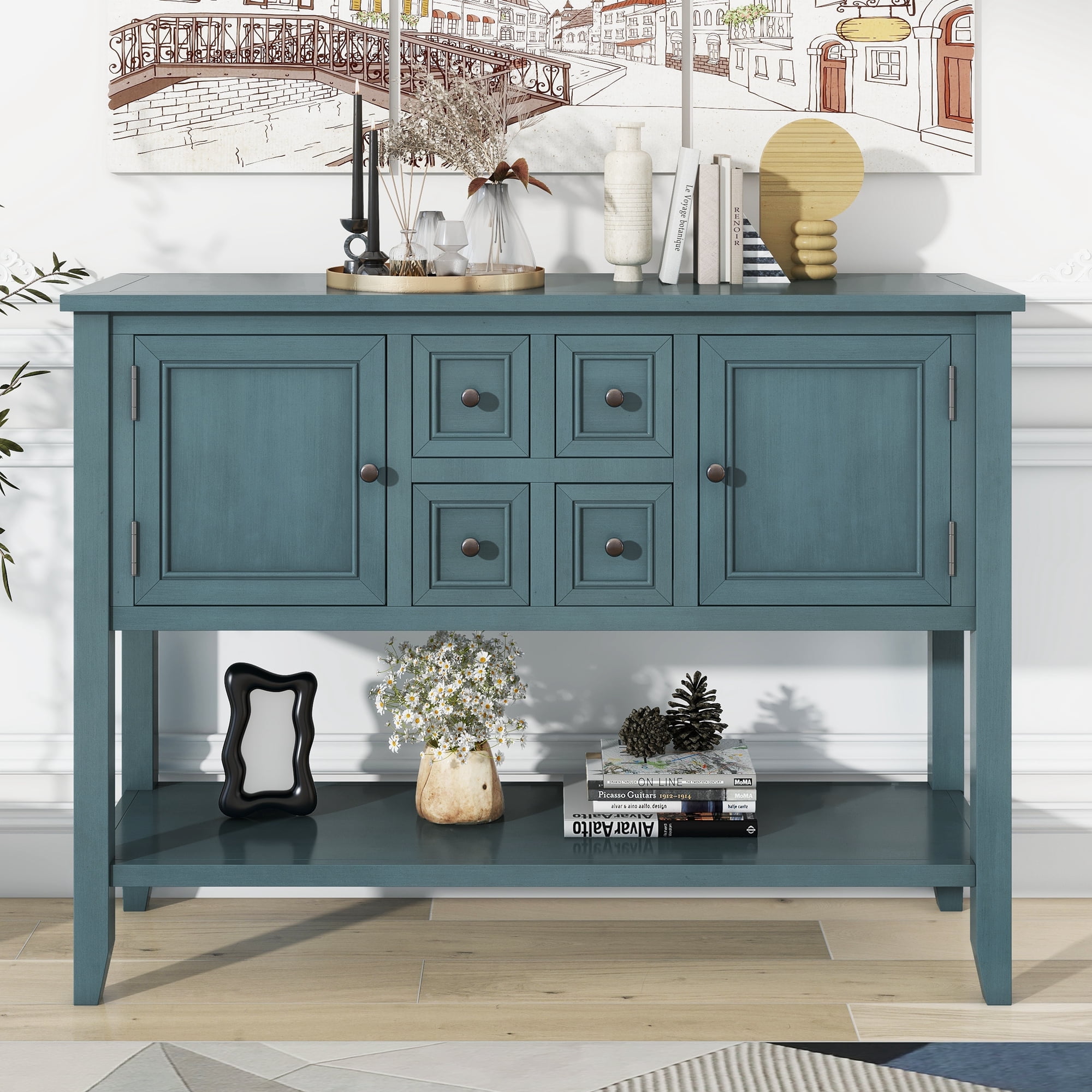 Vintage Dark Blue Console Table with Drawers and Bottom Shelf, Rustic ...
