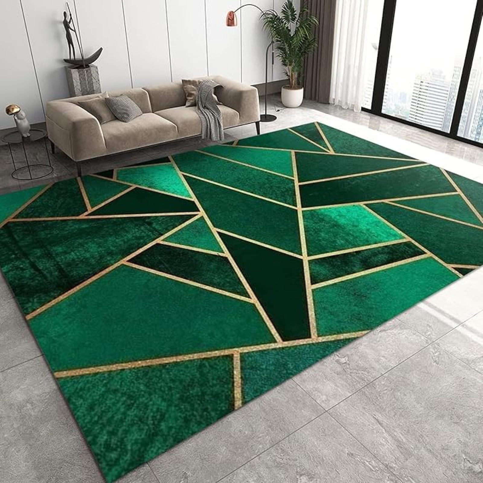 Vintage Dark Green Gold Geometric Area Rug, Green Black Gold Lines Rugs ...