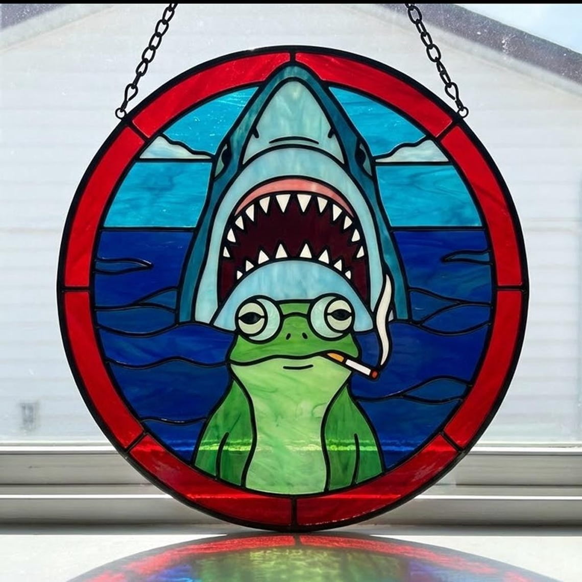 Vintage Dark Humor Glass Suncatcher, Smoking Frog Meme Art, Shark ...