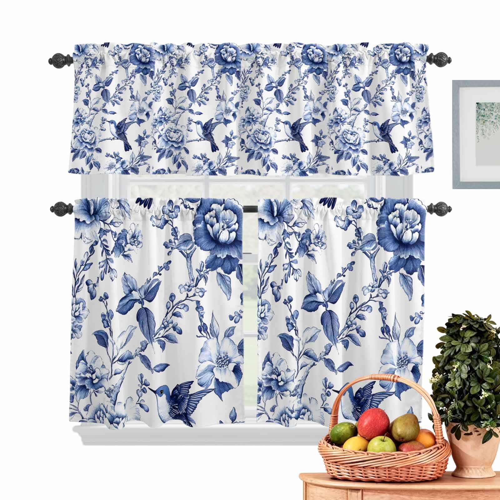 Vintage Dark Kitchen Curtains Valances 3 Piece Set, Blue Flowers Leaf ...