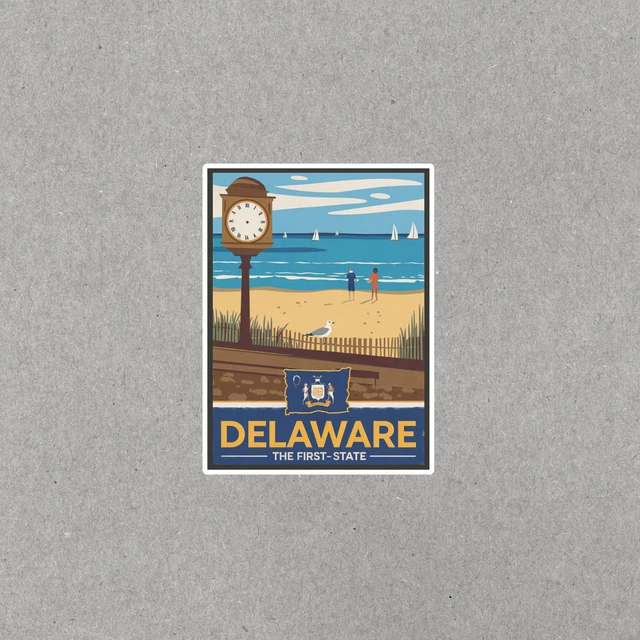 Vintage Delaware Travel Sticker - First State Flag Beach Scene ...