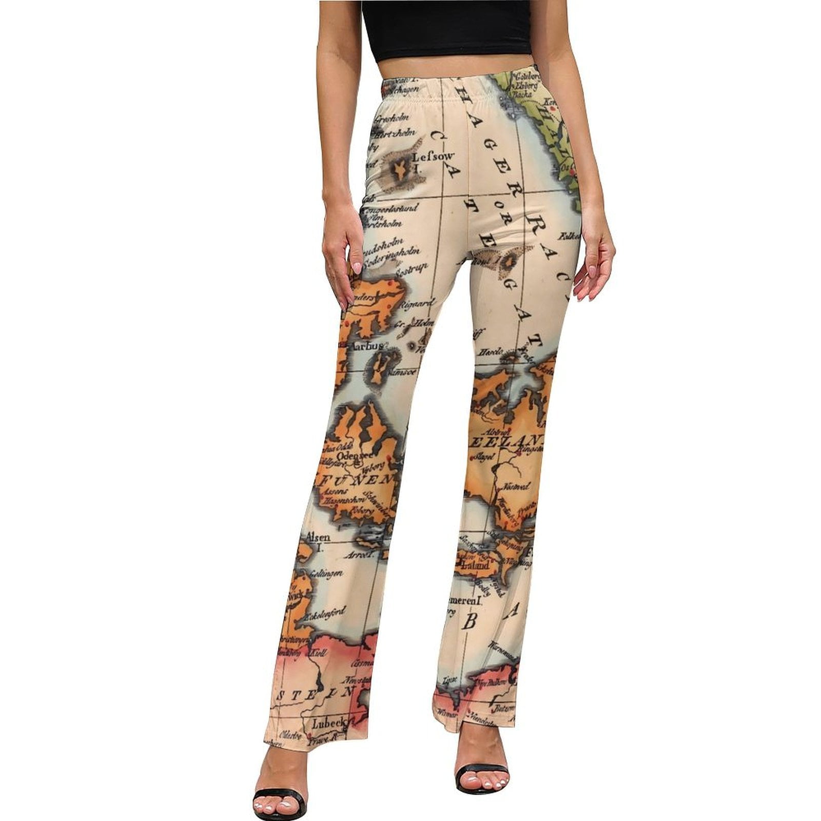 Vintage Detailed World Map Pants Historical Map Home Flared Trousers Spring Ladies Graphic ...