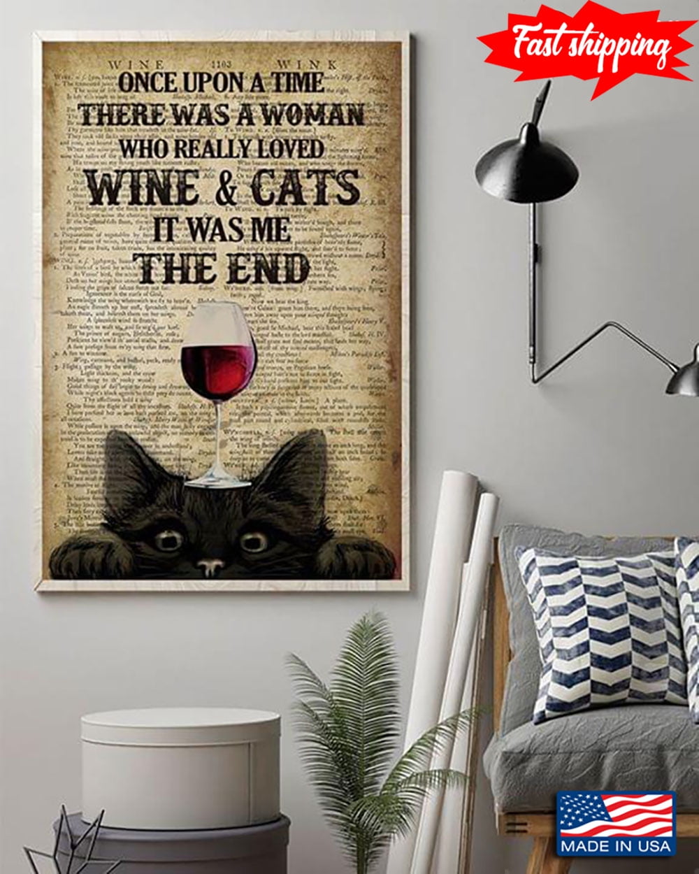 Vintage Dictionary Theme Cat & Wine Glass Once Upon A Time There Was A Woman Who Really Loved ...