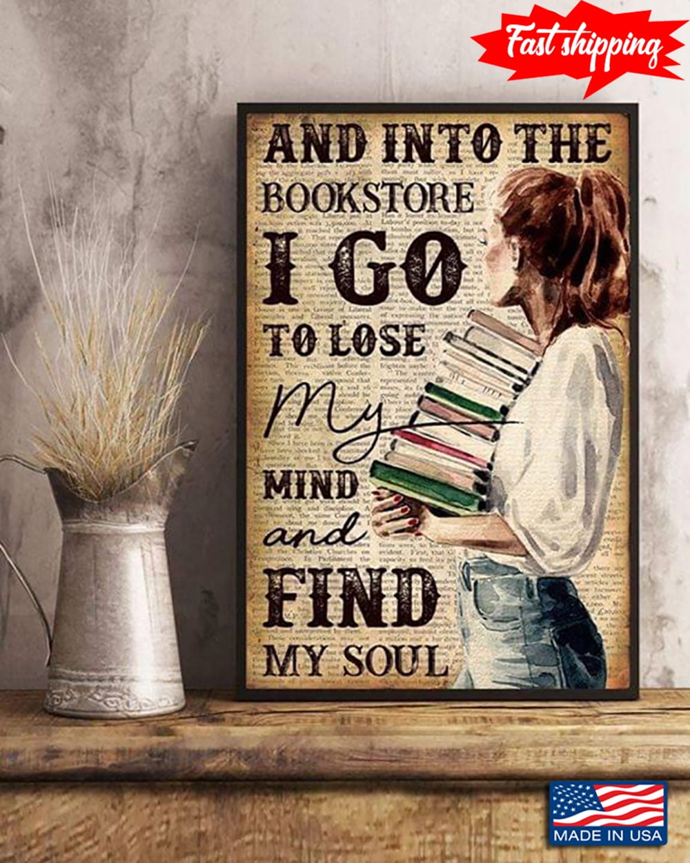 Vintage Dictionary Theme Girl With Books And Into The Bookstore I Go To ...