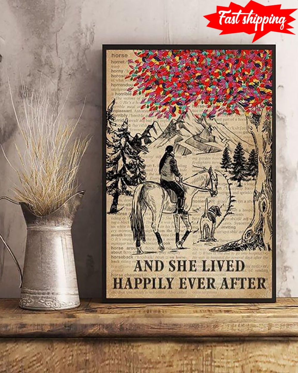 Vintage Dictionary Theme Woman Riding Horse & Dog Under Colourful Tree And She Lived Happily ...