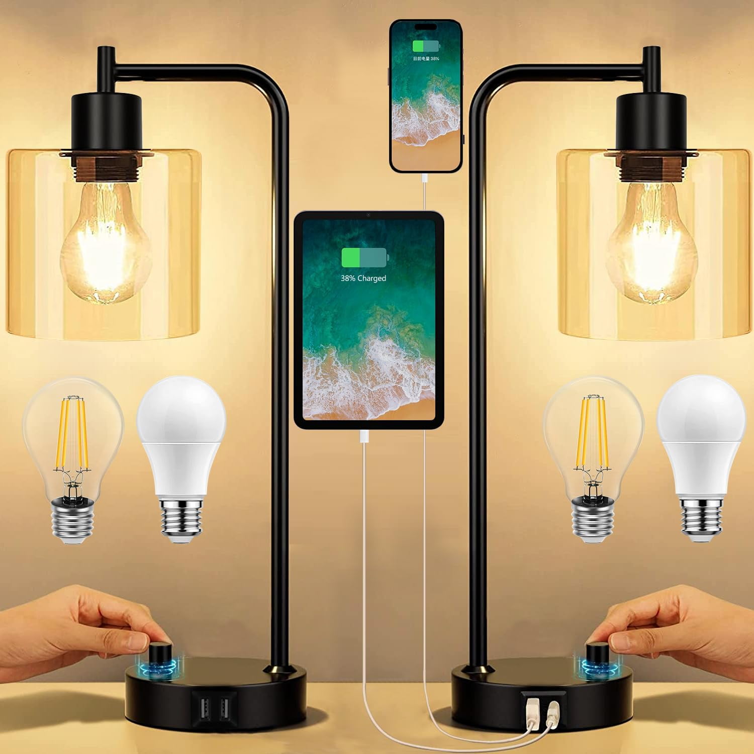 Modern Bedside Metal Table Lamp with Dimmer & USB Charger, Vintage ...