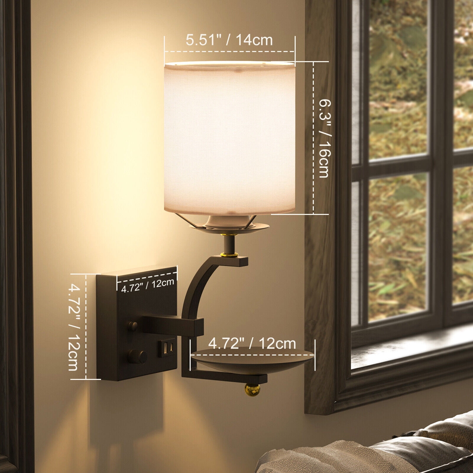 Vintage Dimmable Wall Sconce Bedside Wall Lamp USB Charge Linen Shade ...