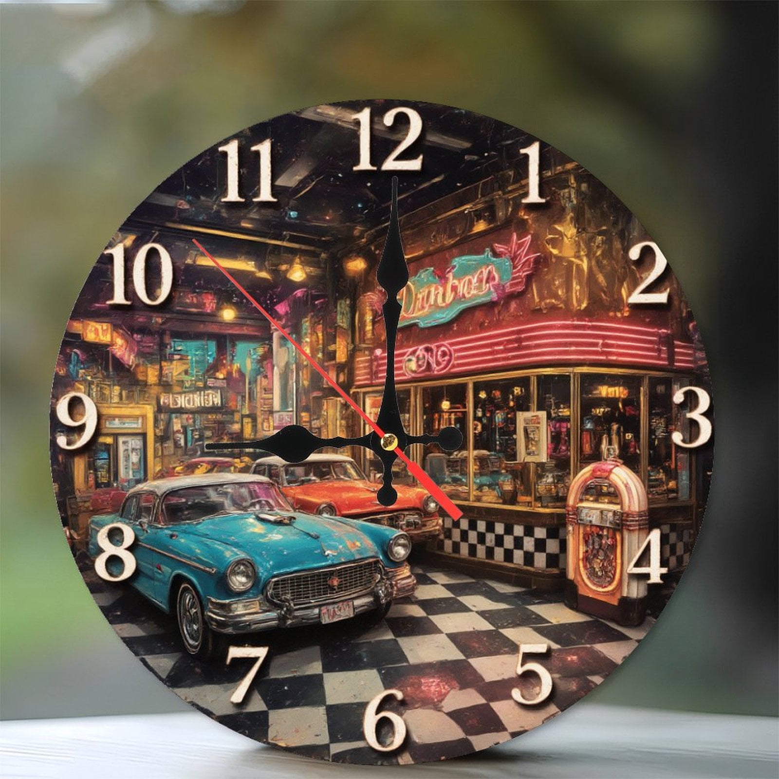 Vintage Diner Clock Retro Classic Automobiles Jukebox Wall Art Decor 10 ...