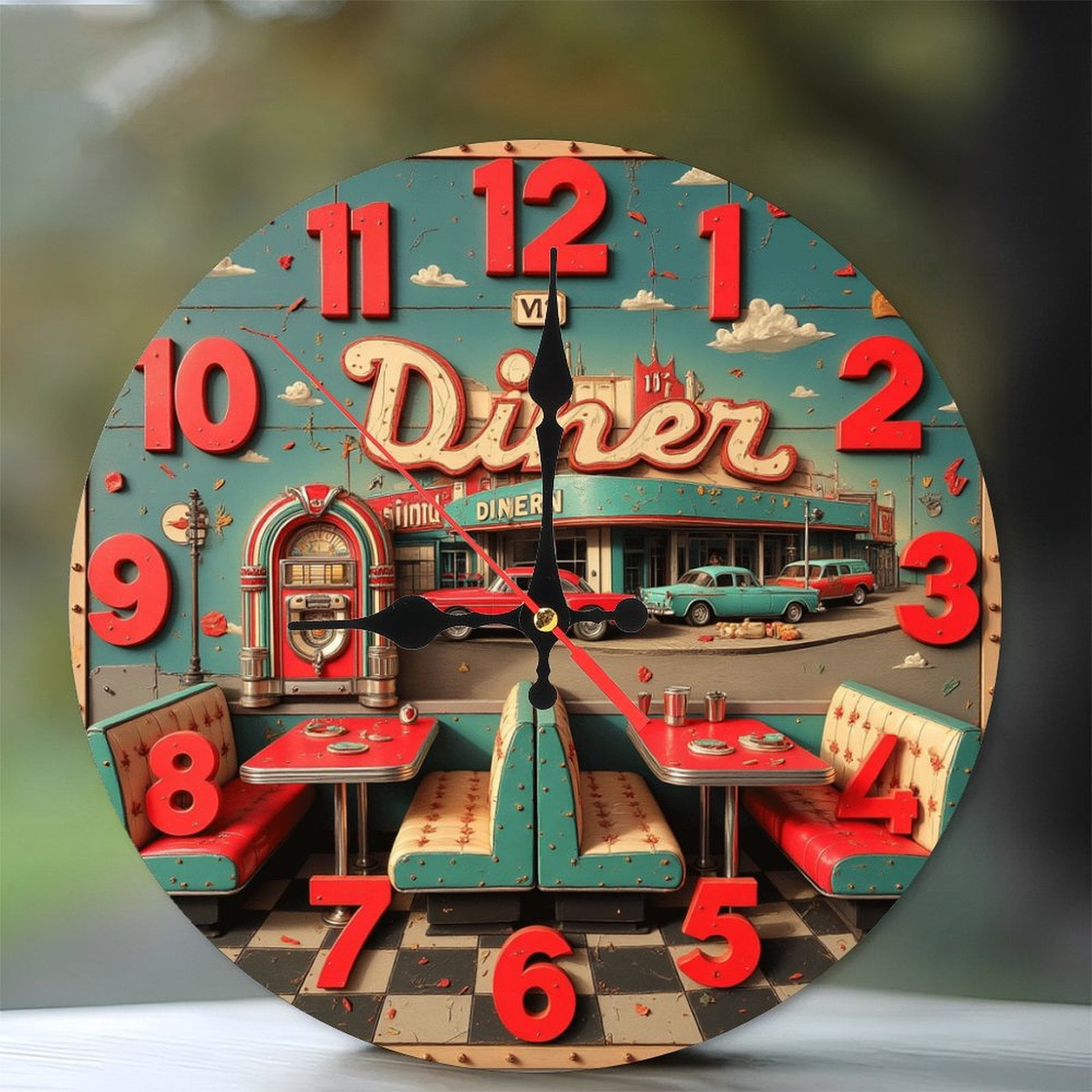 Vintage Diner Clock Wall Art Retro Jukebox Decor 10-Inch Silent Wooden ...