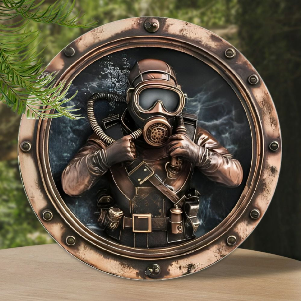 Vintage Diver Round Aluminum Wall Art Sign - 8x8 Inches, Rustic Bronze ...