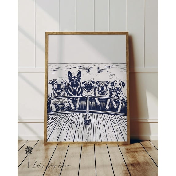 Vintage Dogs Boat Cruise Day Summer Lake Artwork Happy Water Blue ...
