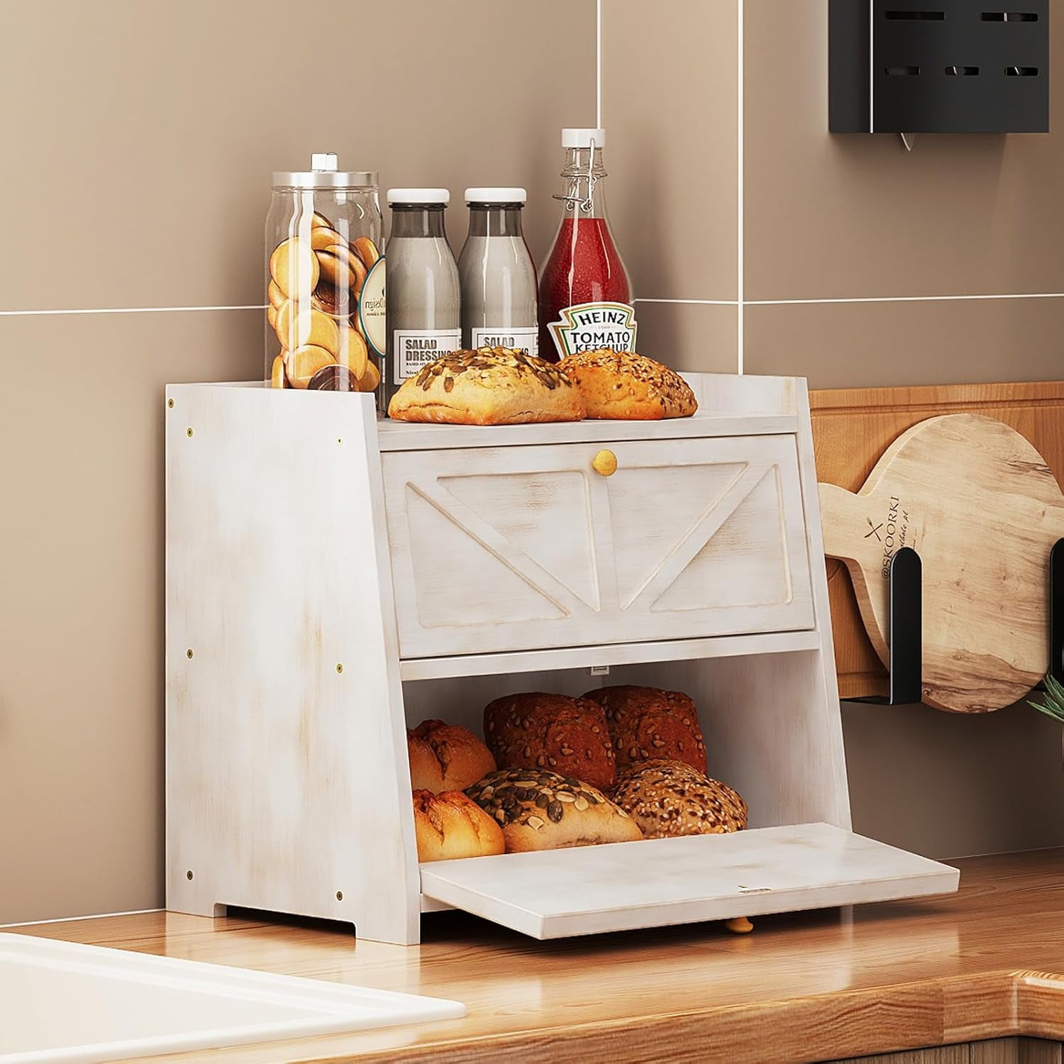 Vintage Double Layer Bread Box for Kitchen Counter Bamboo Bread Storage ...