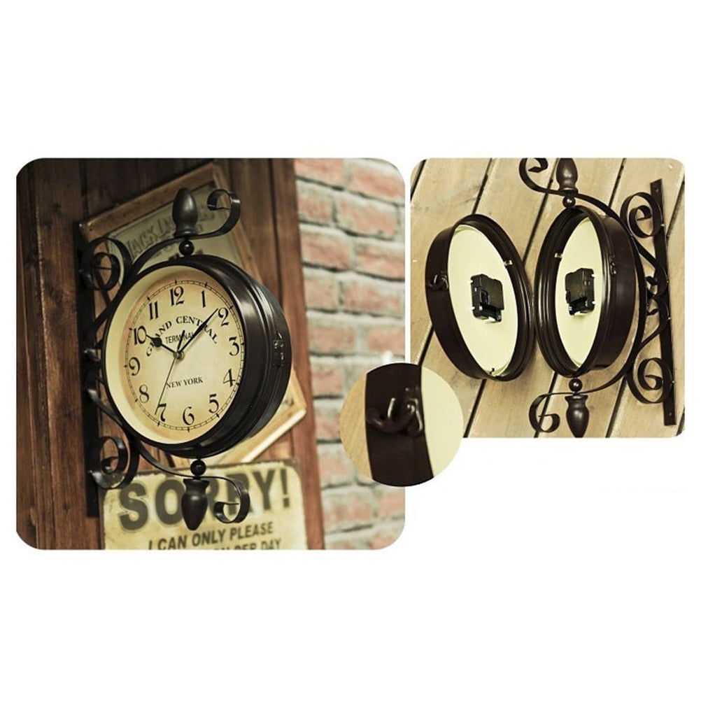 Vintage Double Sided Wall Clock Iron Silent Clock Art Clock Decorative ...