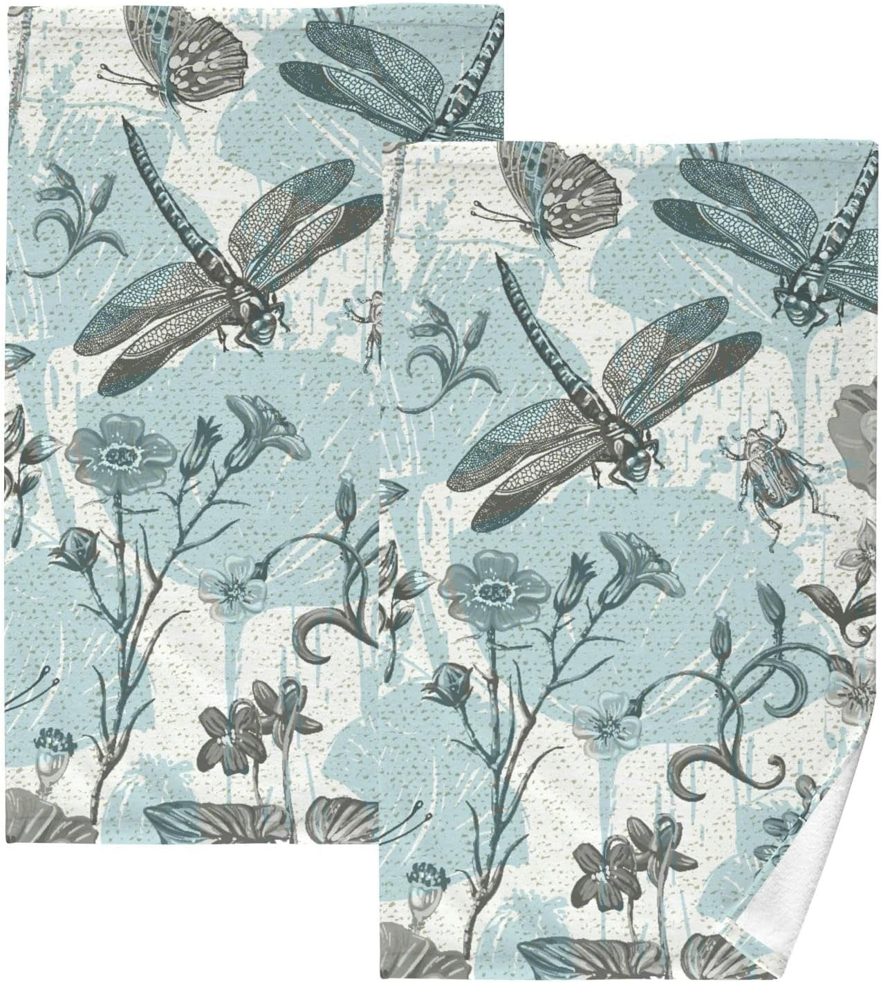 Vintage Dragonfly Butterfly Patterned Hand Towels 2 PCS, Cotton Bath ...