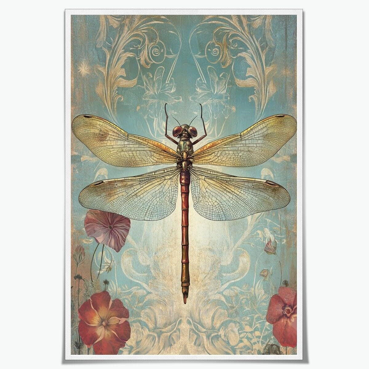 Vintage Dragonfly Illustration with Ornate Floral Designs Art Nouveau Style Wall Decor for ...